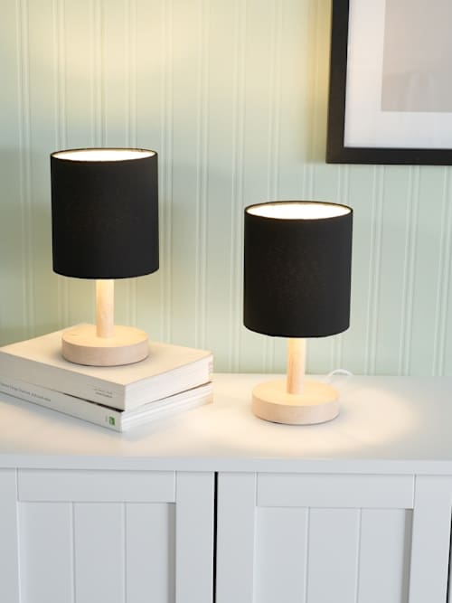 2 x Nelly Wooden Table Lamps with Black Shades | ValueLights